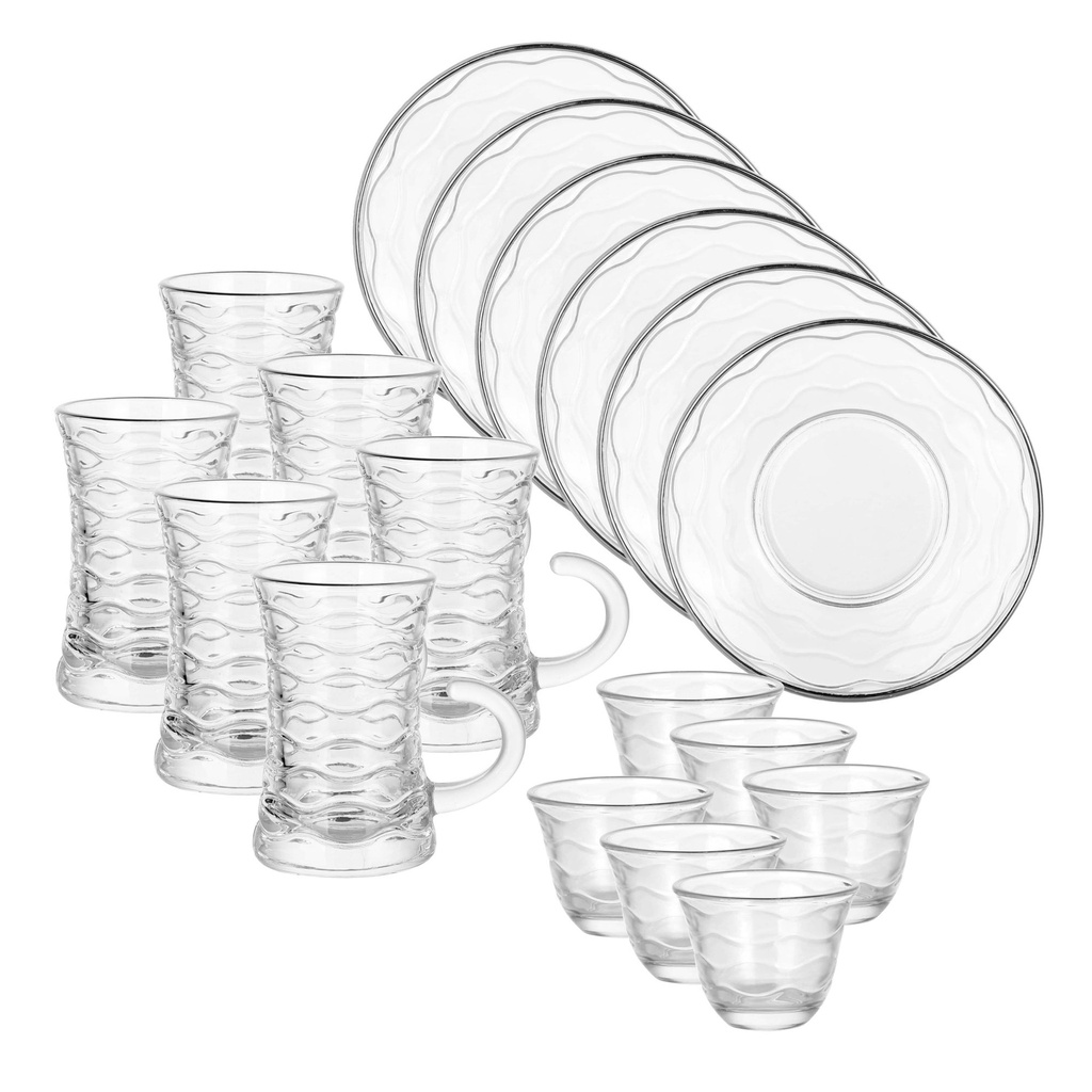 Glass 18 Pcs Tea & Coffee Set - Swirl Design | Al Makaan Store QR